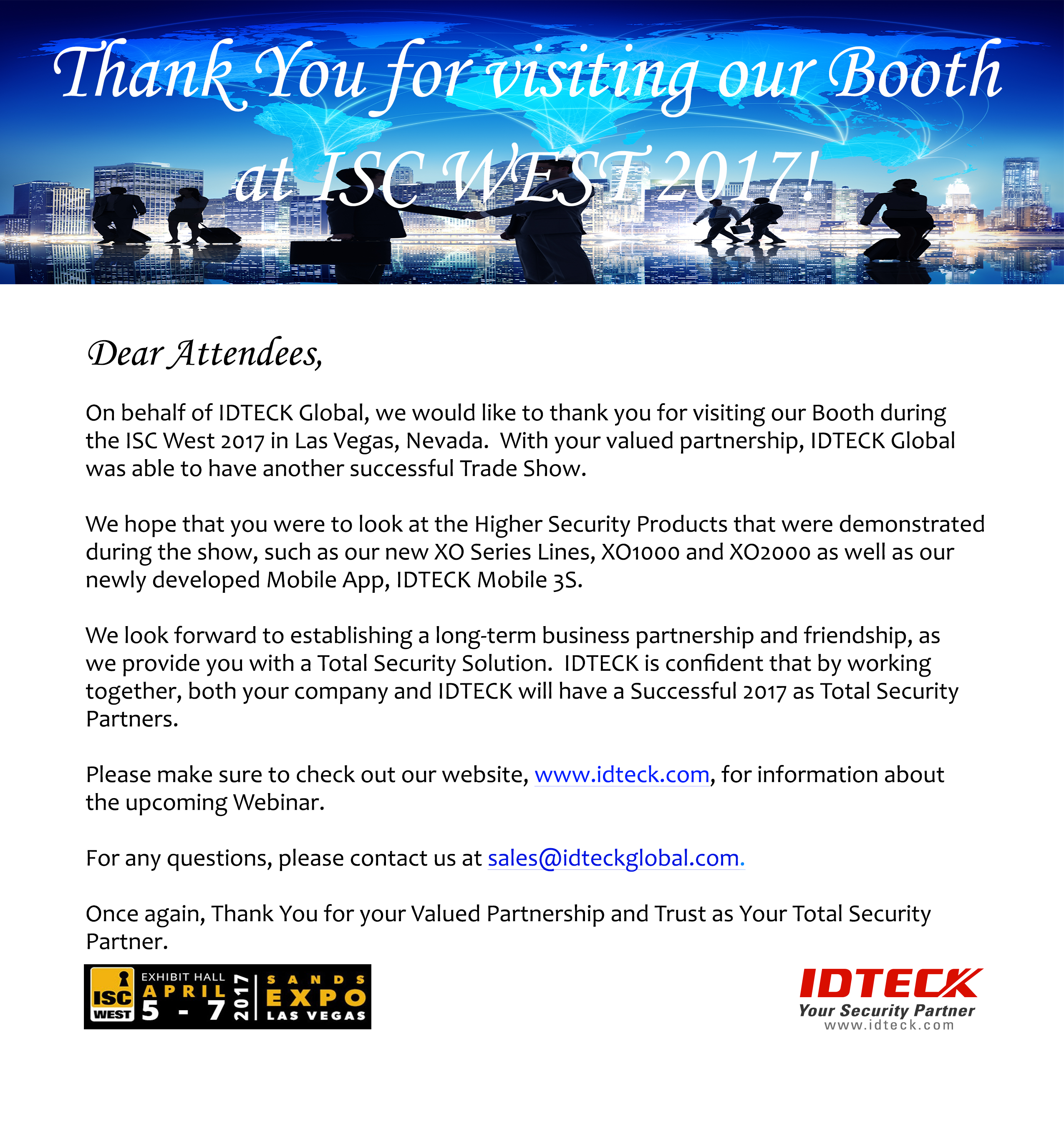 ISC WEST 2017 Thank You Letter-PRESS CENTER-IDTECK-Access Control and ...